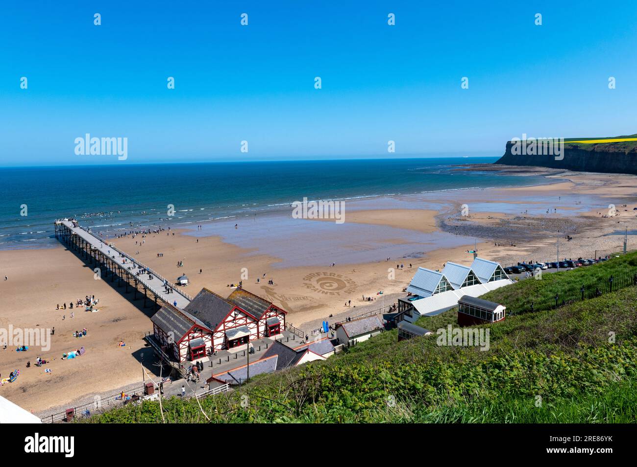 Saltburn beach with pier and tramway Stock Photo - Alamy