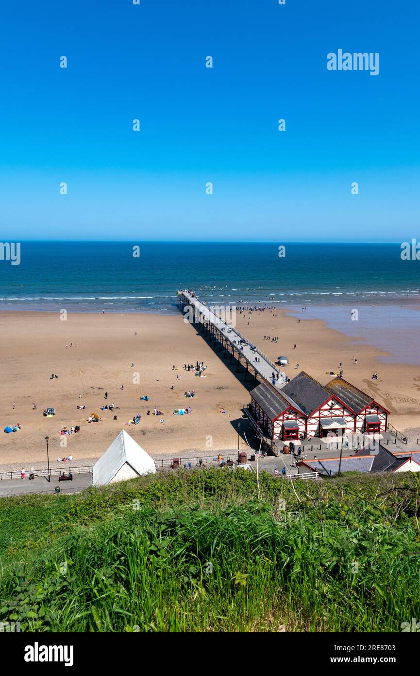 Saltburn beach with pier and tramway Stock Photo - Alamy