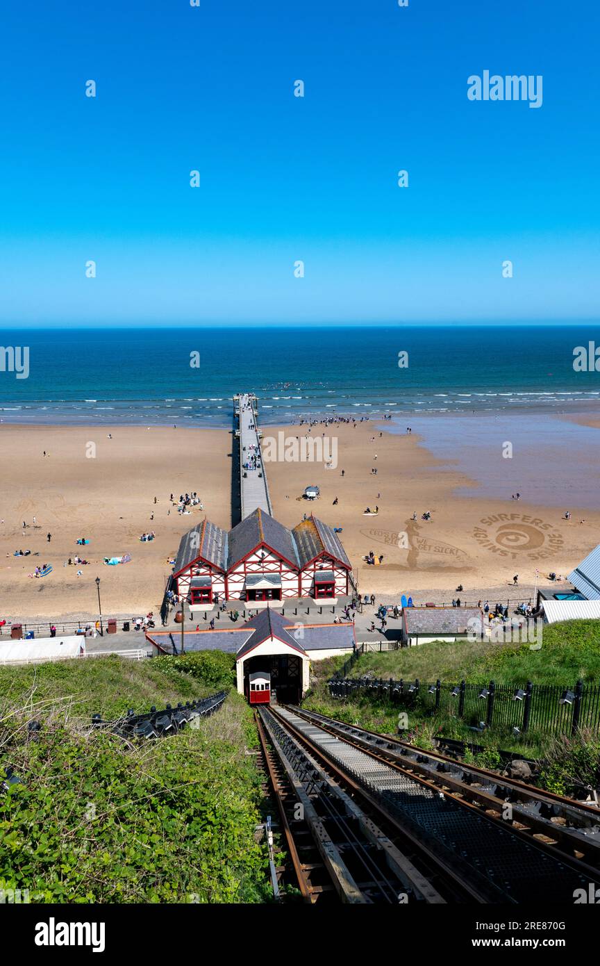Saltburn beach with pier and tramway Stock Photo - Alamy