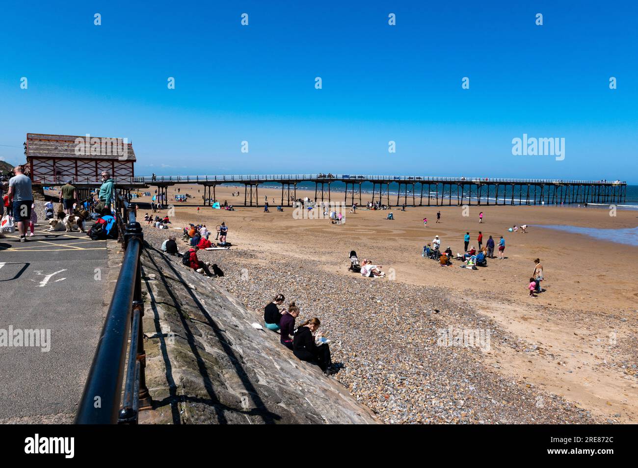 Saltburn beach with pier and tramway Stock Photo - Alamy