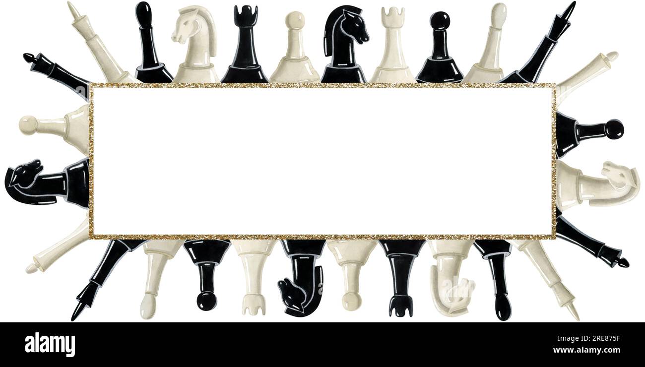 Horizontal chess pieces banner frame template watercolor illustration ...