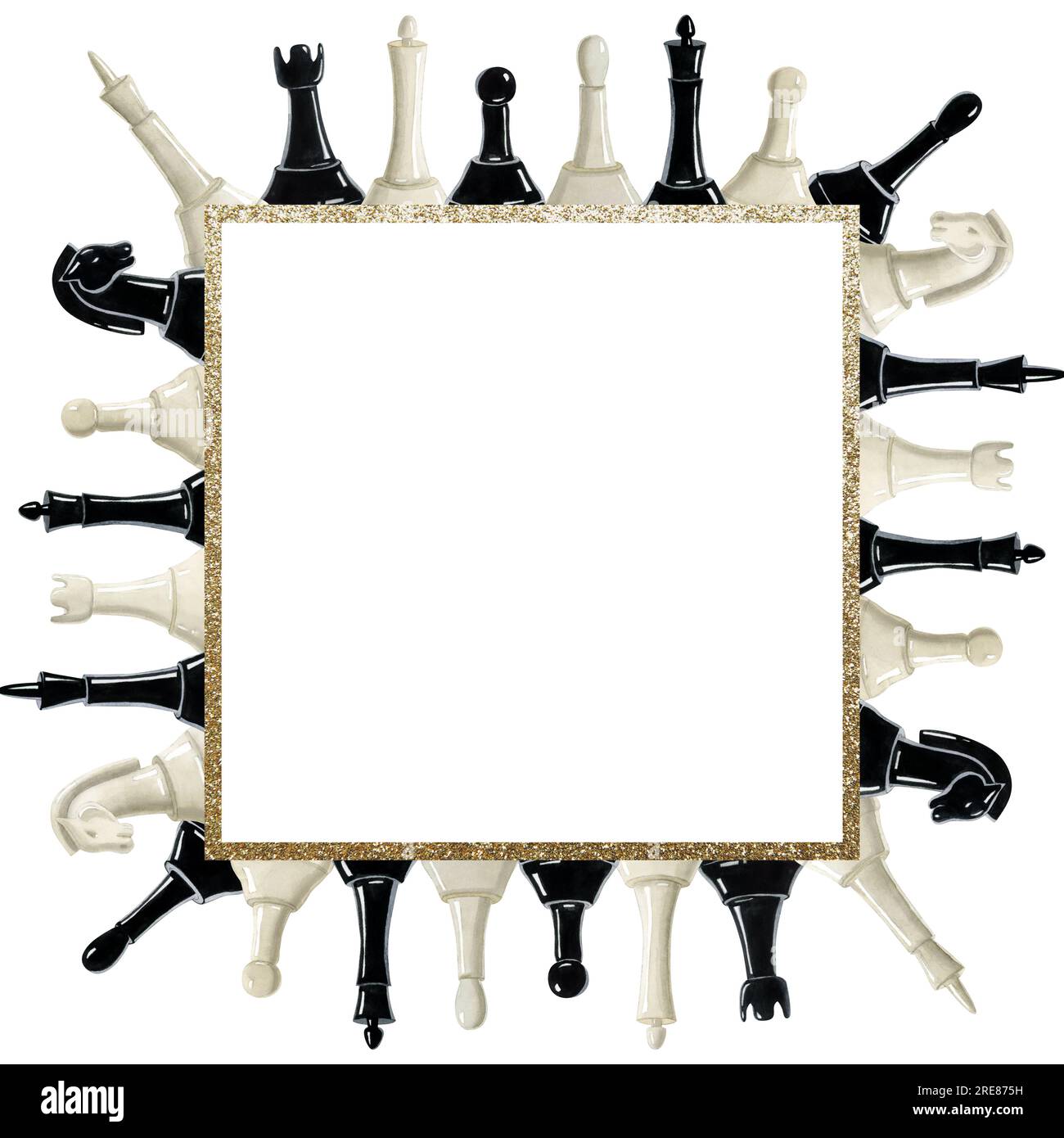 Watercolor chess pieces square frame template with copy space for text ...