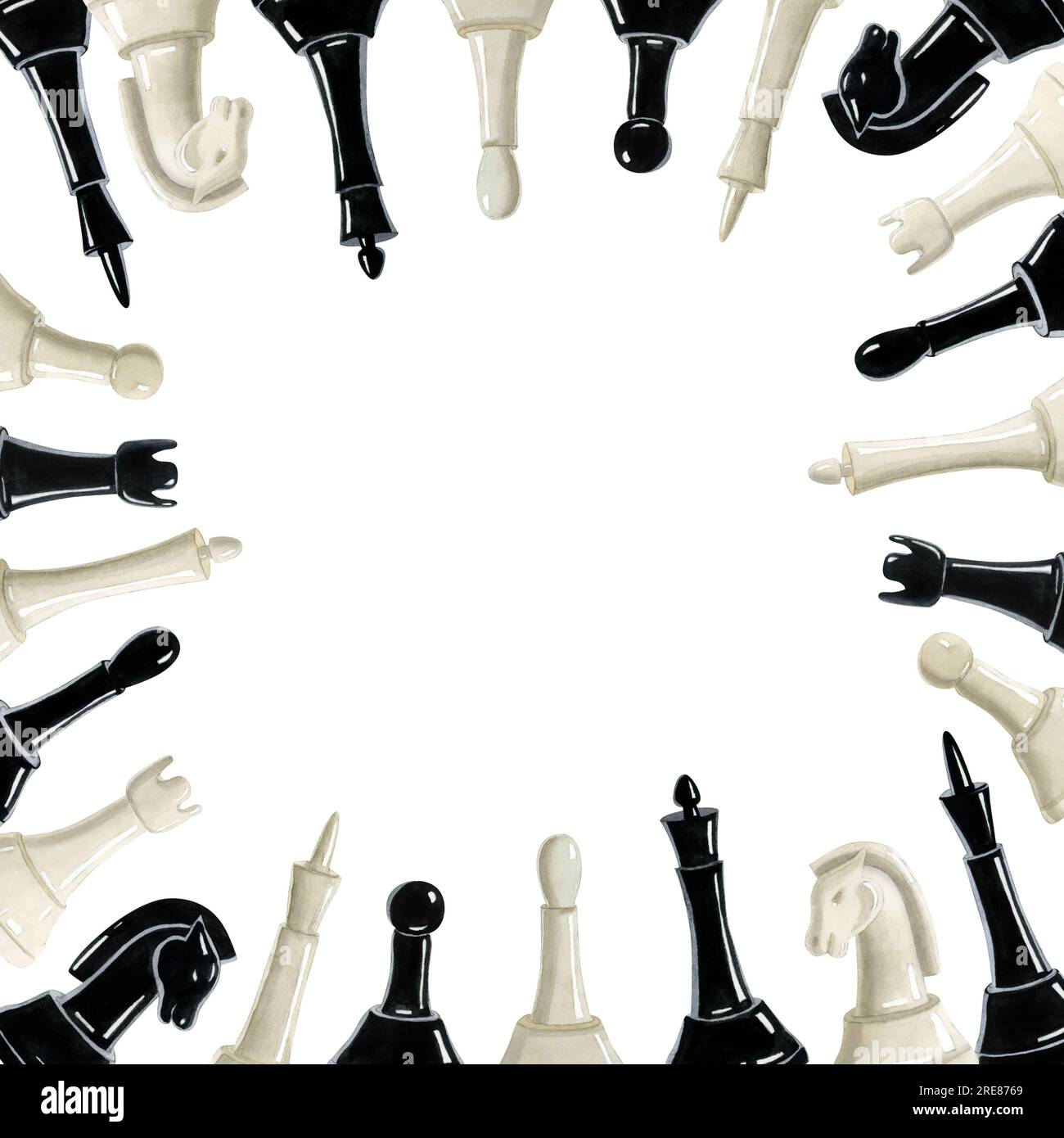 Watercolor chess king, queen, pawn pieces square frame template ...