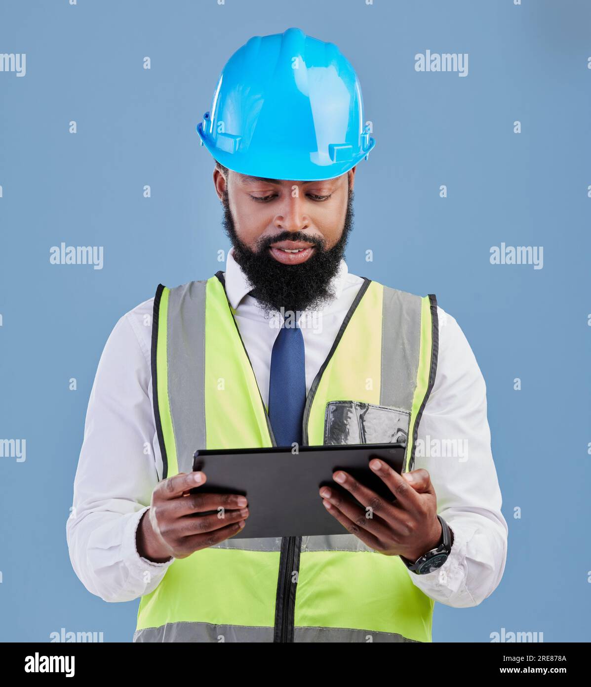 Black man, architect and tablet for construction inspection or planning ...