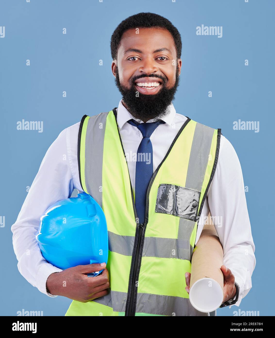 Happy black man, portrait and architect with blueprint for construction ...