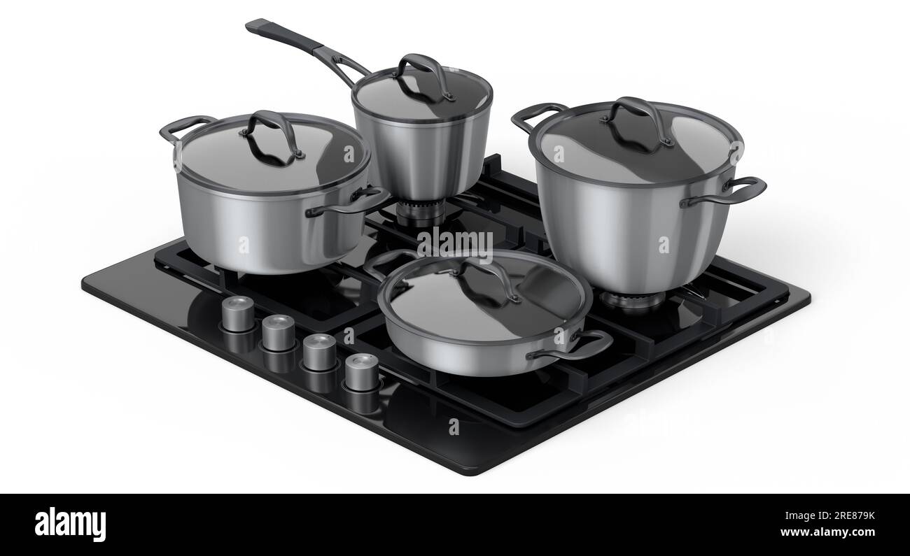 Frying pan and stewpot with glass lid on electric or gas stove cooker ...