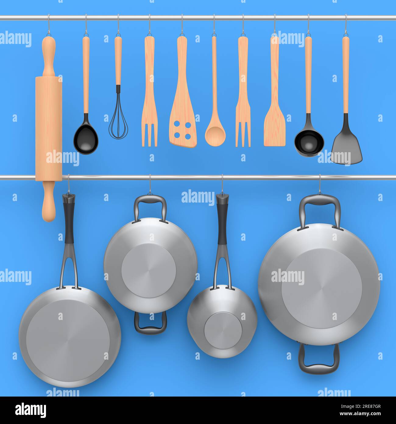 Set of kitchen utensil, stewpot, frying pan and chrome plated cookware ...