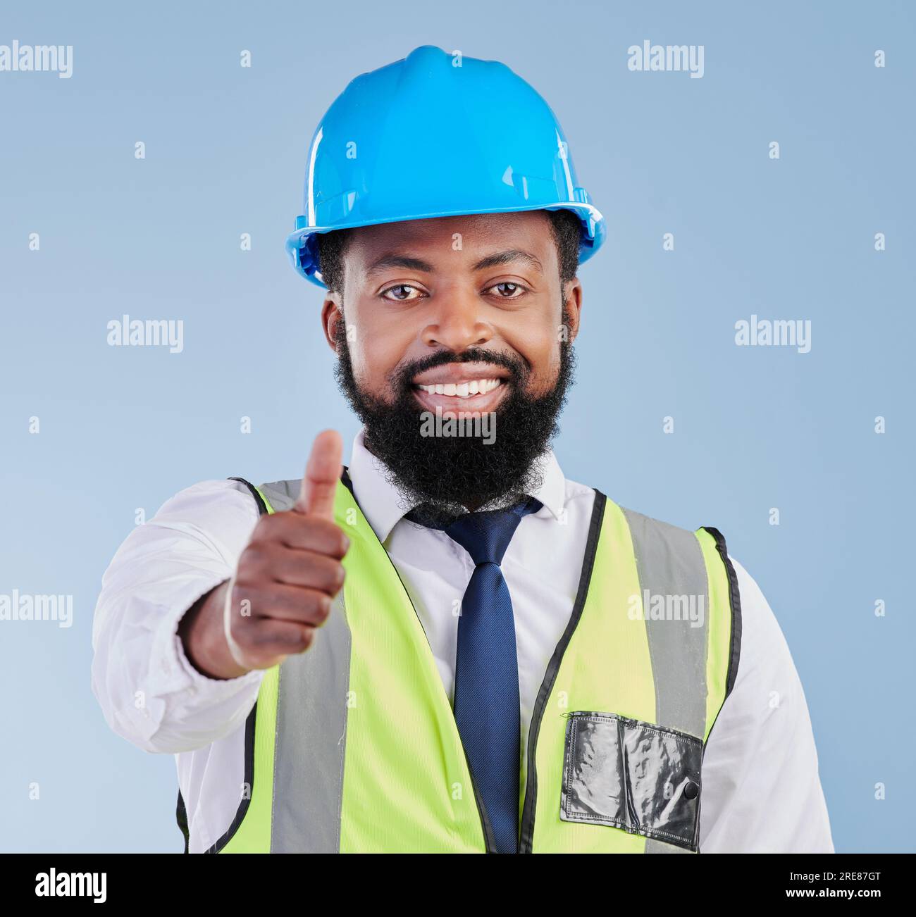 Portrait, engineering and black man with thumbs up for success, thank ...