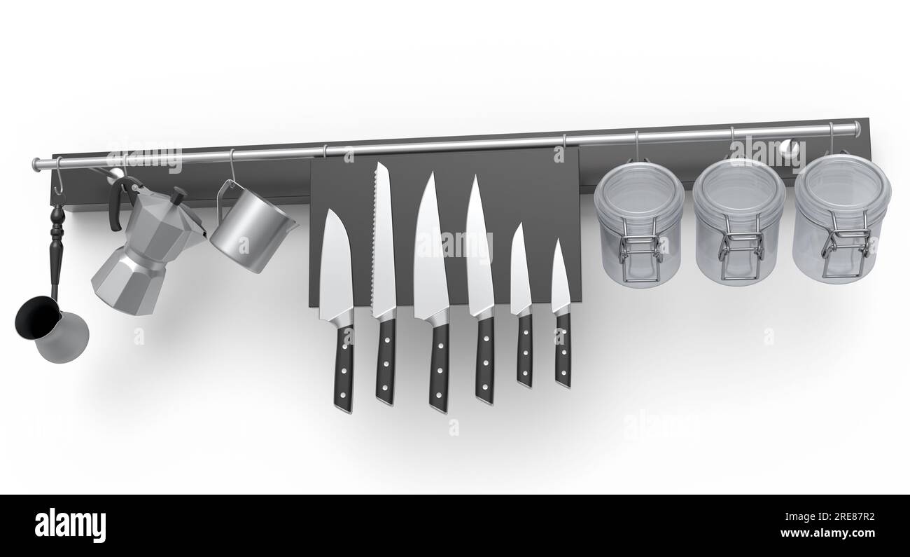 Set of kitchen utensil, knives, stewpot, frying pan and chrome cookware ...