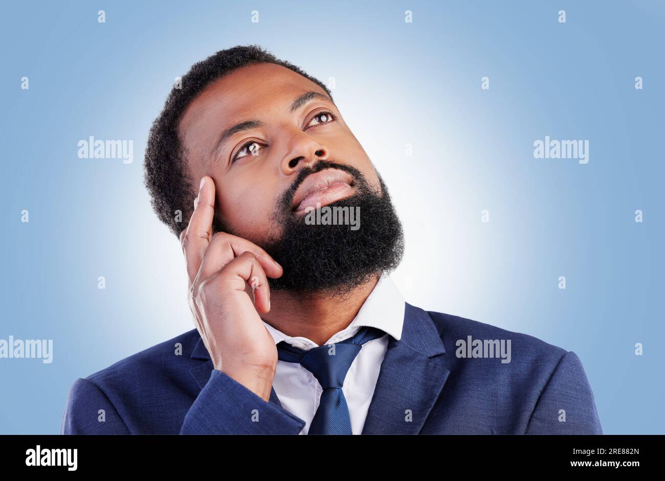 Thinking, idea and black man in studio with choice, planning or problem ...