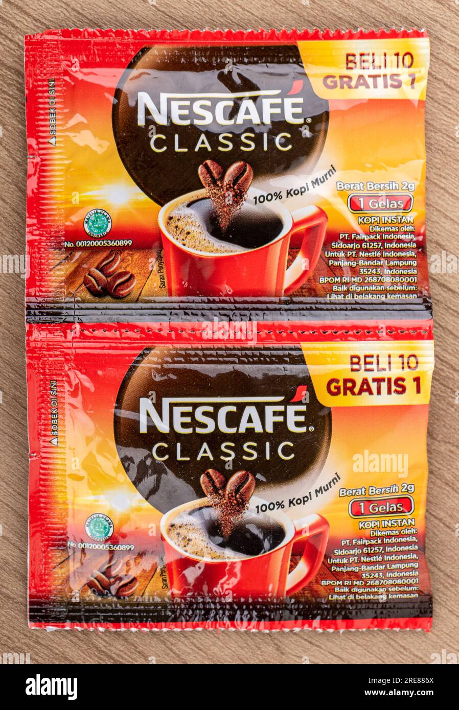 Moscow, Russia, May 31, 2023: Top view of two original bags of Nescafe ...