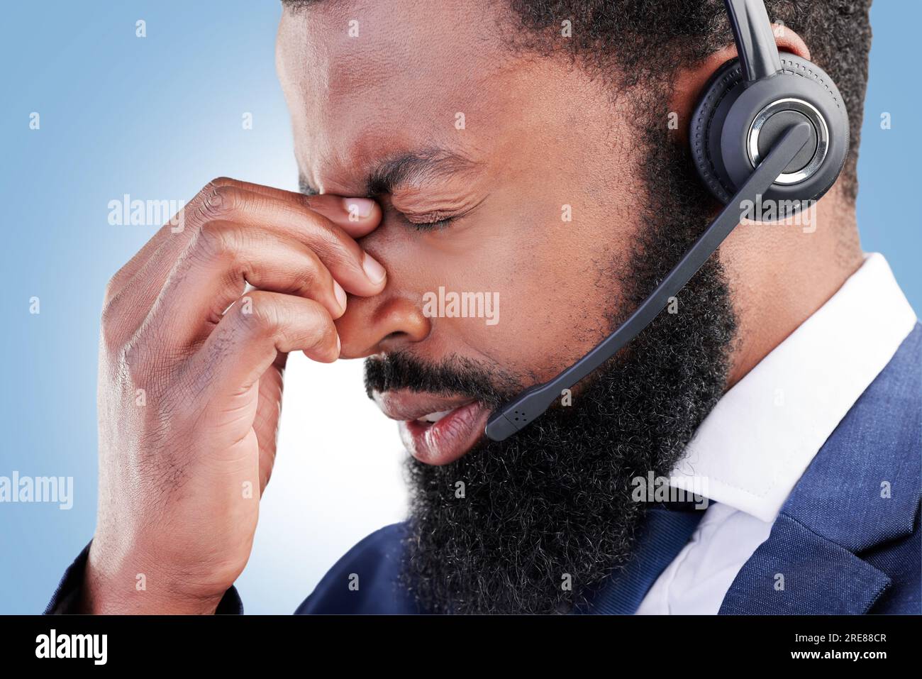 Customer service face, studio black man and sad over consultation ...