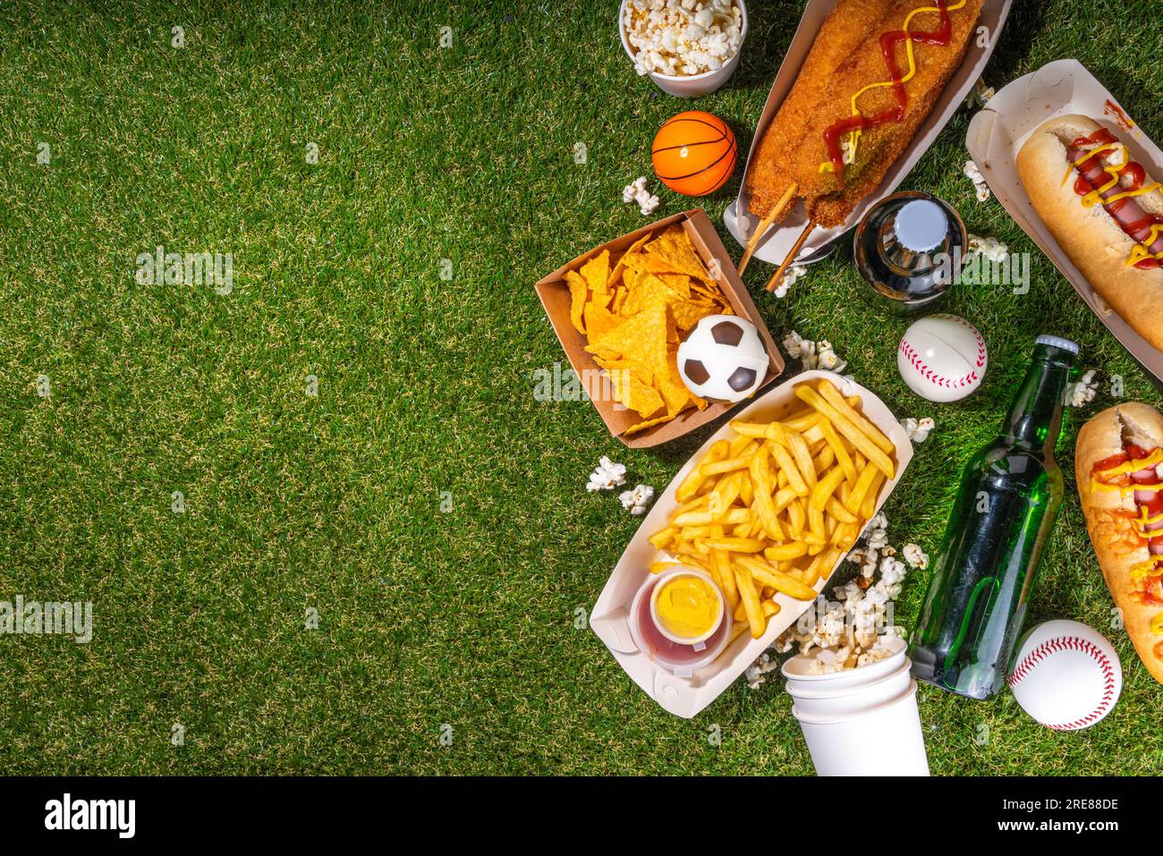 Traditional sport stadium foods and beer background, Set of various ...