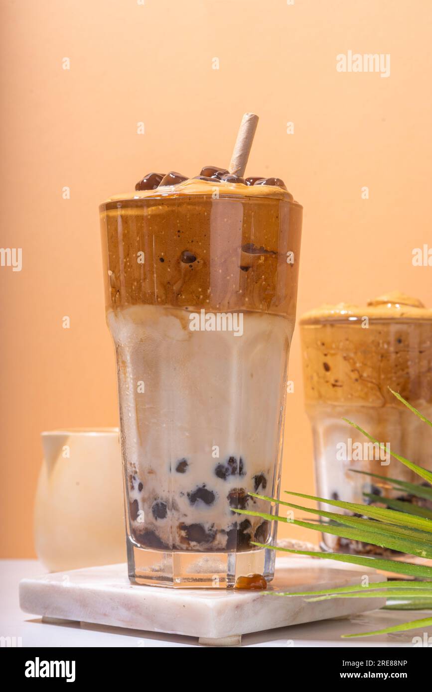 Boba dalgona coffee. Trendy asian latte morning drink with whipped ...