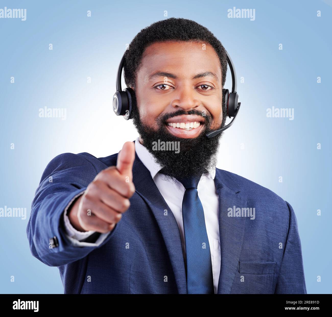 Customer support portrait, happy black man and thumbs up for telecom ...
