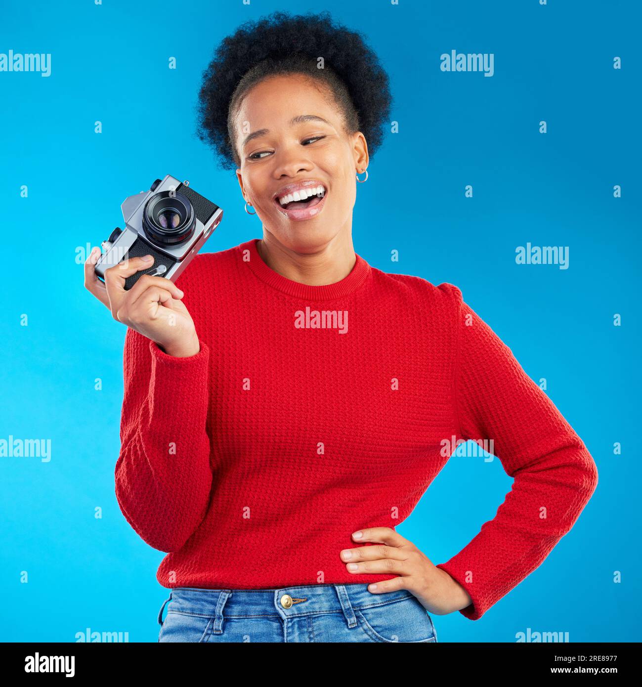 Photographer woman, thinking and camera in studio for photoshoot ...