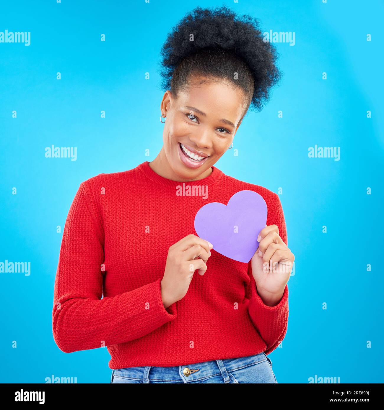 Woman, portrait and heart cut out with a smile for love and valentines ...