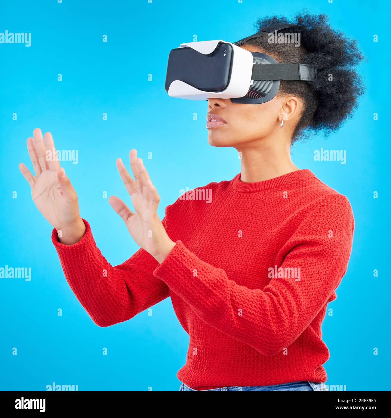 VR, metaverse and digital glasses with woman and video gaming for augmented reality. Studio ...