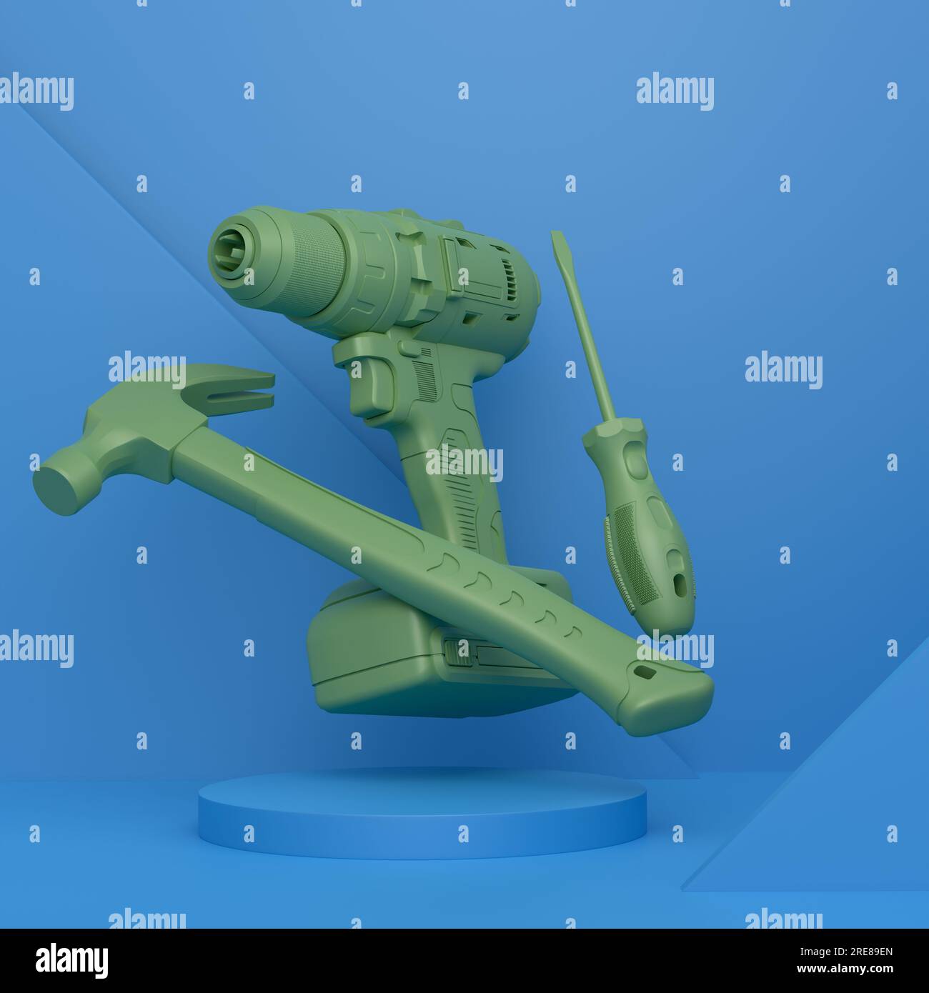 Abstract scene or podium with carpenters tools on monochrome background ...