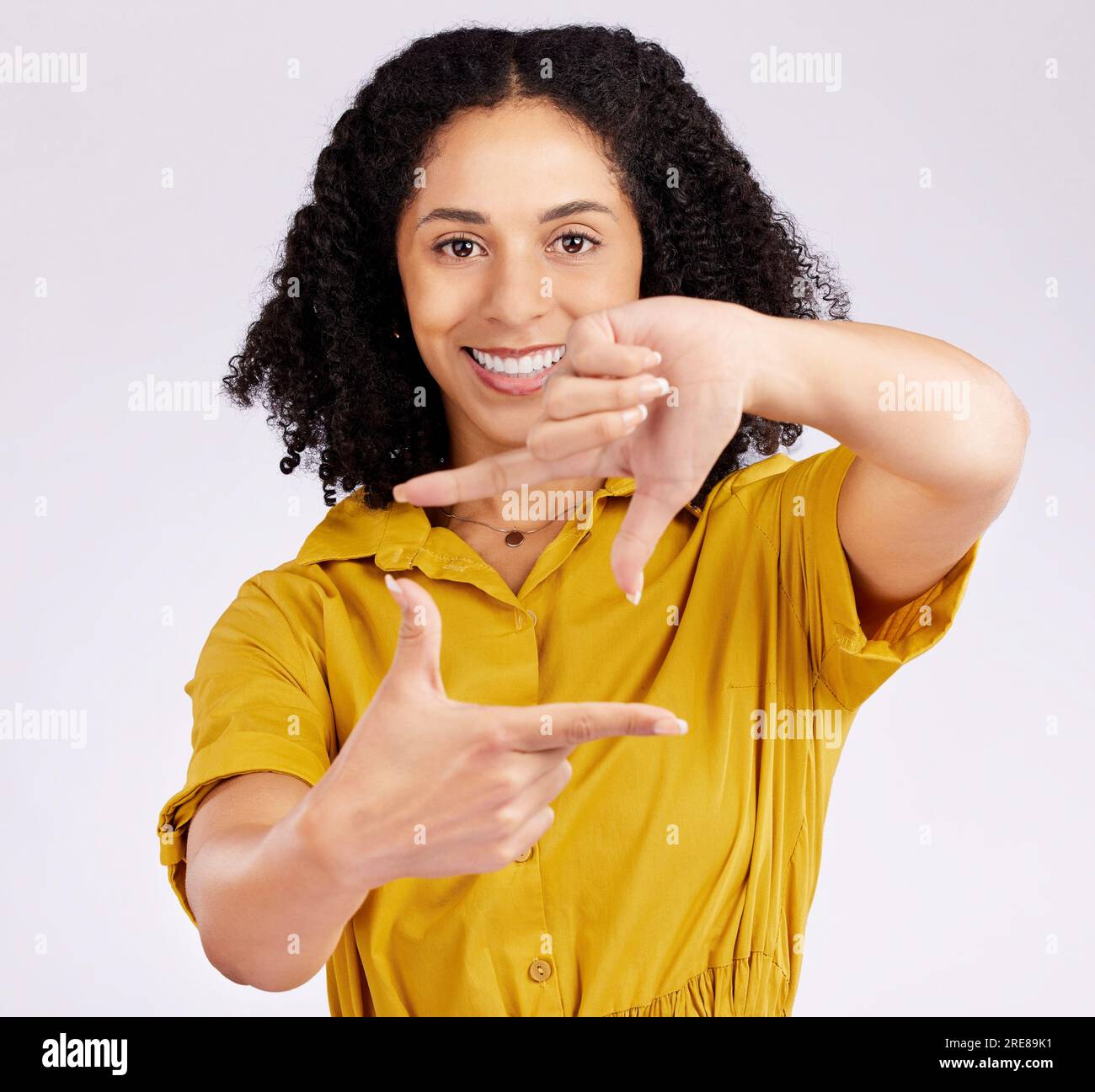 Happy woman, portrait and frame hands for photography, picture or ...
