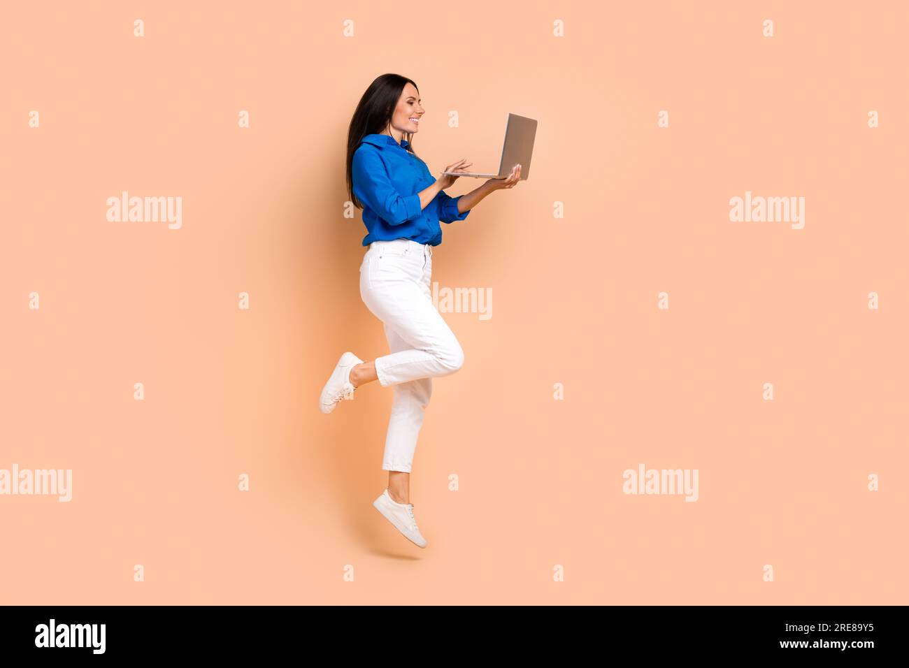 Full length profile side photo of charming wear girl trendy clothes use ...