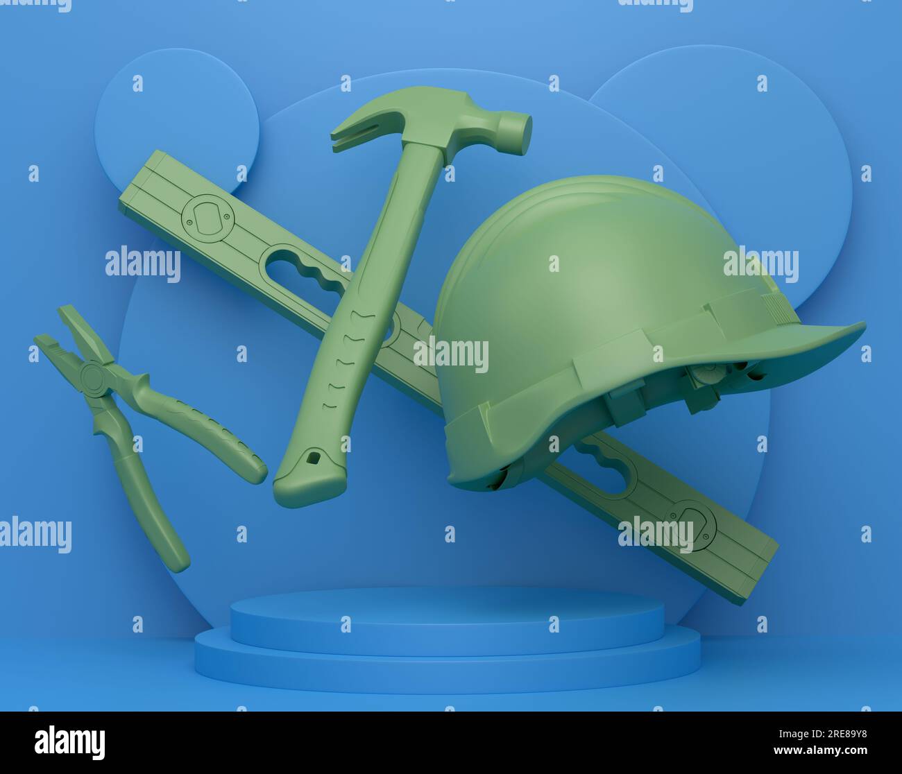 Abstract scene or podium with carpenters tools on monochrome background ...