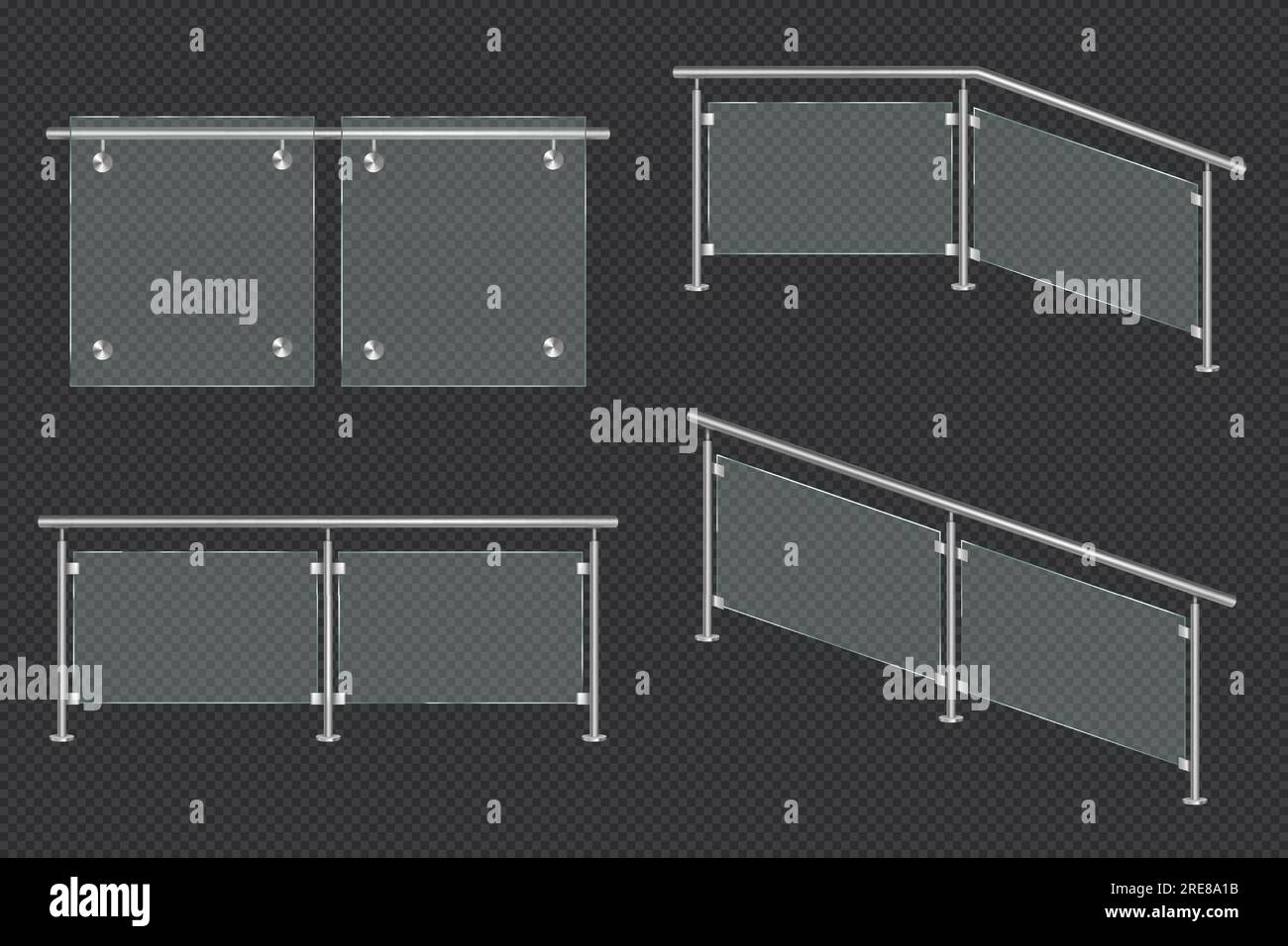 Glass balustrade with iron banister front and angle view. Vector ...