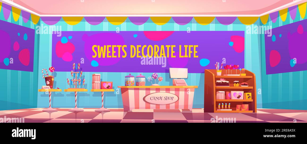 Candy shop empty interior with various pastry, cashier desk, shelf and ...