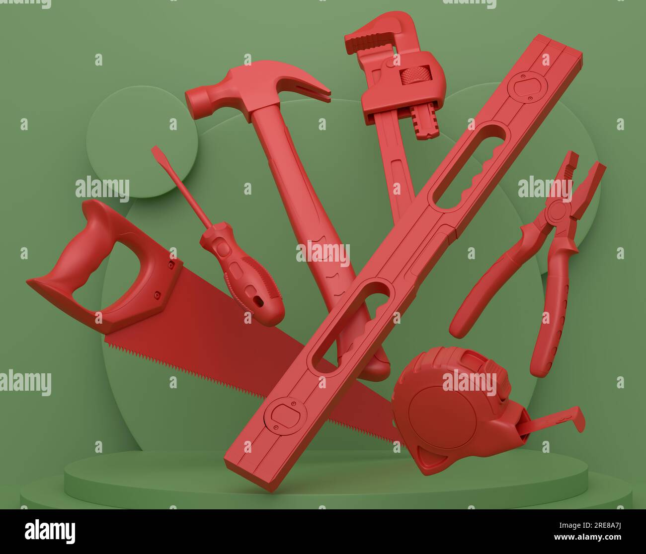 Abstract scene or podium with carpenters tools on monochrome background ...