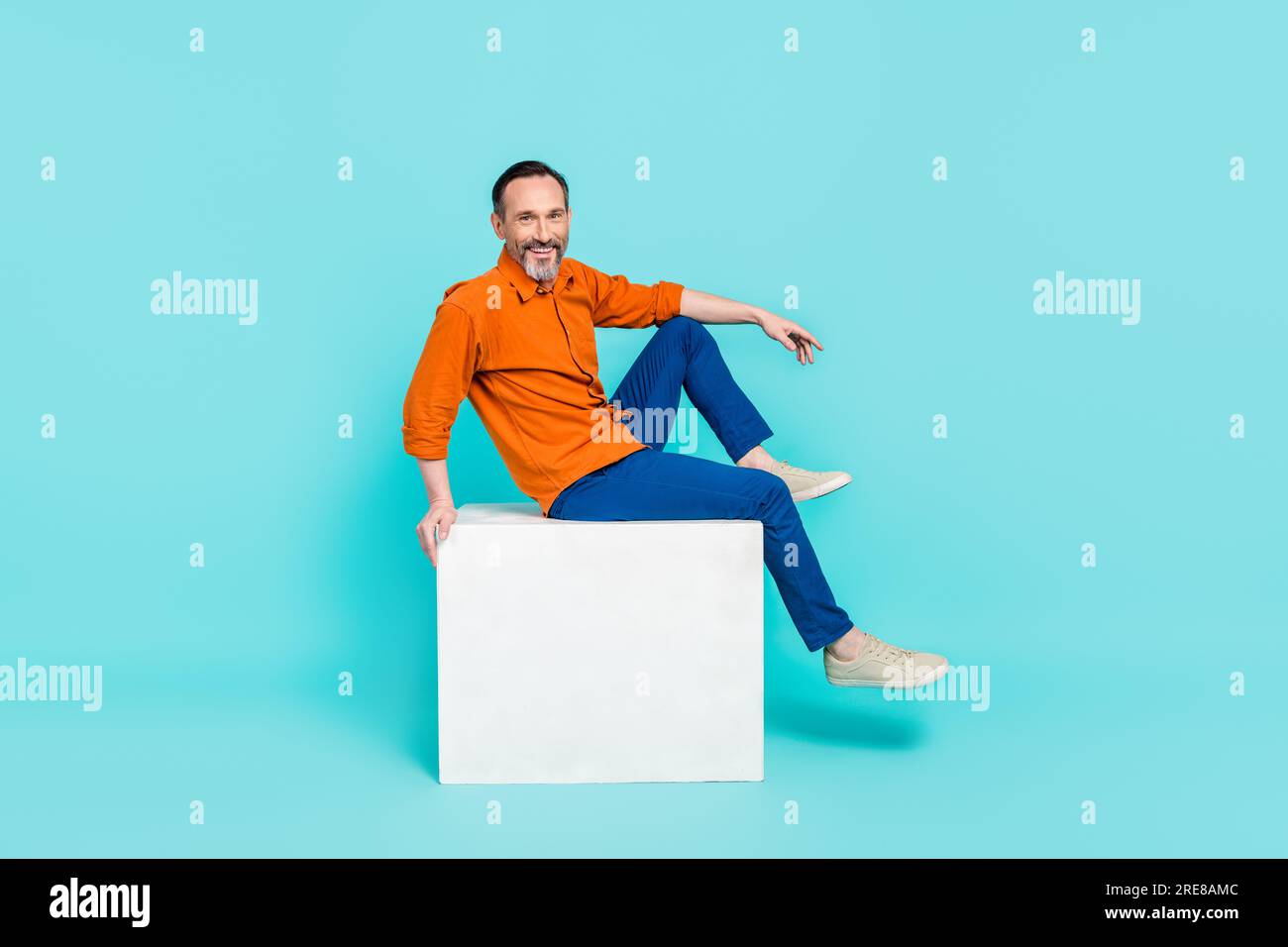 Full body photo cadre of optimistic retired business owner man sitting ...