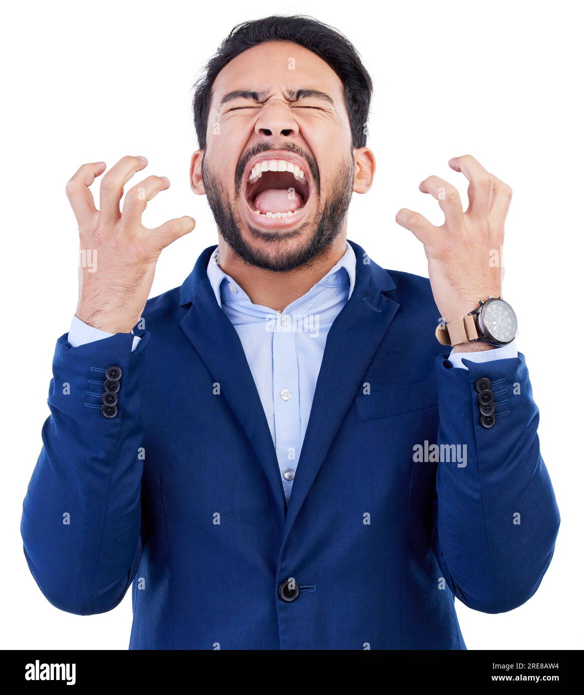 Frustrated, anger and screaming with business man in studio for ...