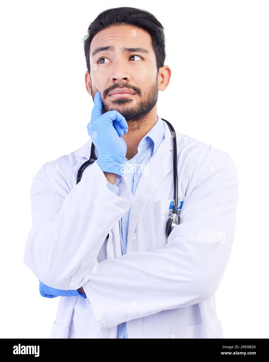 Thinking, man doctor and problem solving in studio with hospital ...