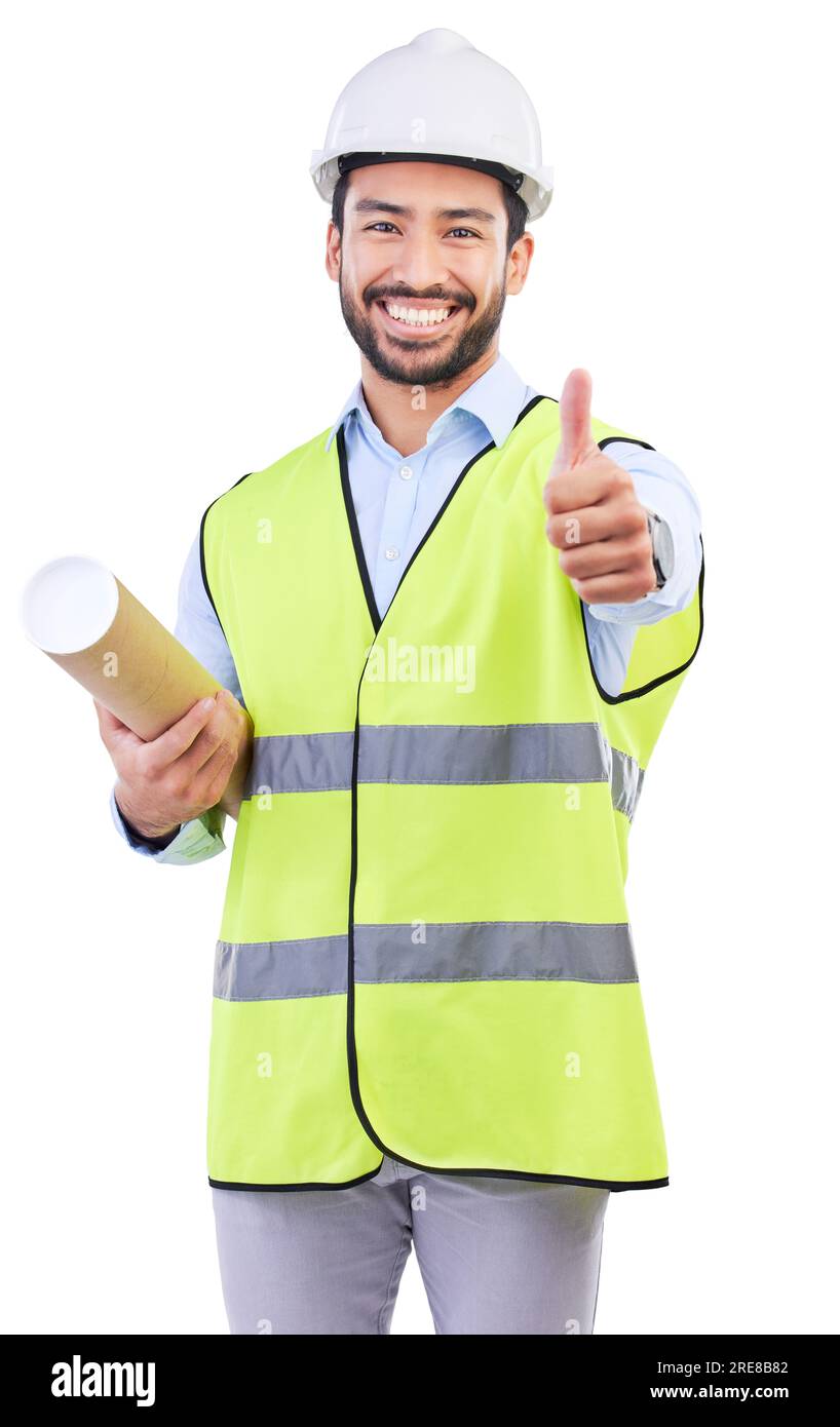 Architect thumbs up, portrait and man smile for blueprint success ...
