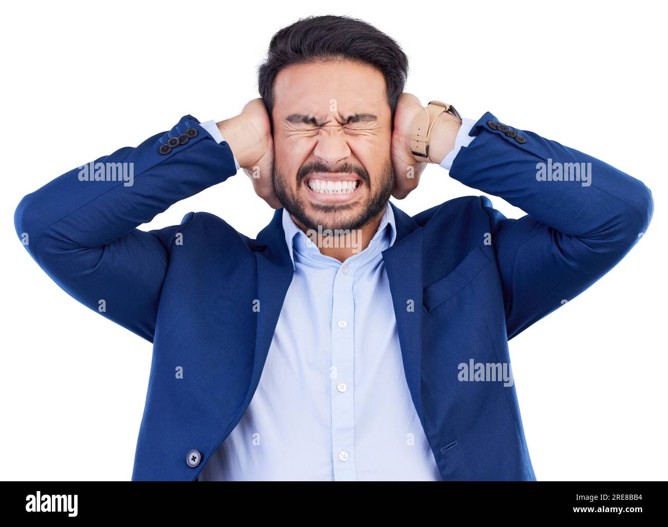 Stress, anger and screaming with business man in studio for headache ...