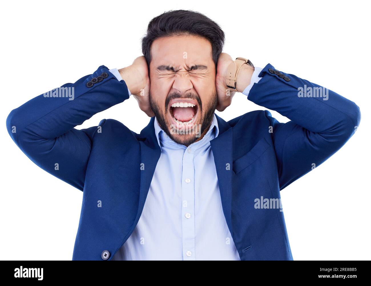 Noise, anger and screaming with business man in studio for headache ...