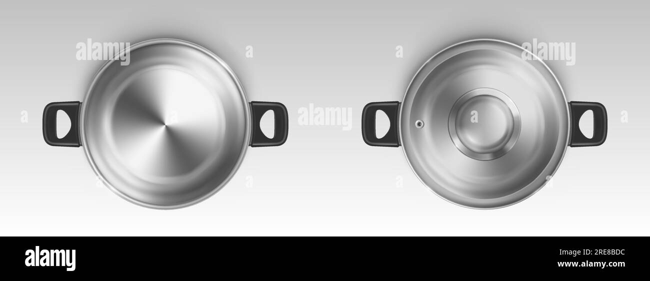 Steel pot, cooking pan top view. Empty metal saucepan with plastic ...