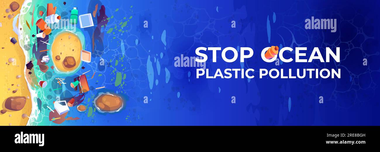 Stop ocean plastic pollution banner. Polluted sea coastline with ...