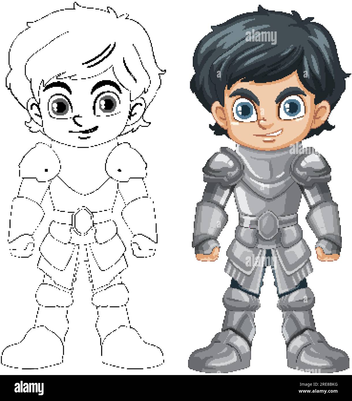 Cartoon knight boy cartoon character with doodle outline for colouring ...