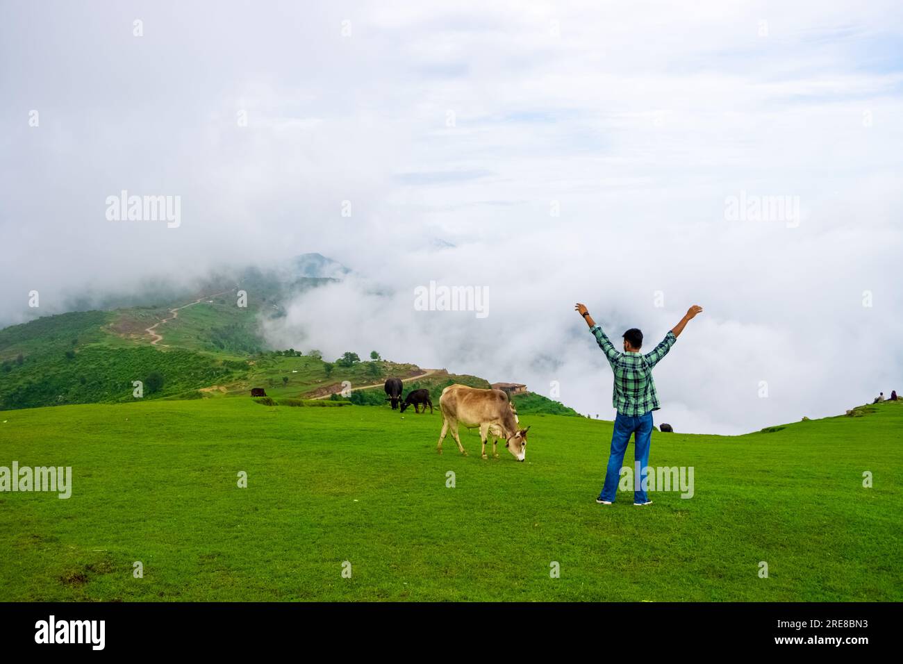 boy open arms relaxing at top peak of mountain feeling fresh pure ...