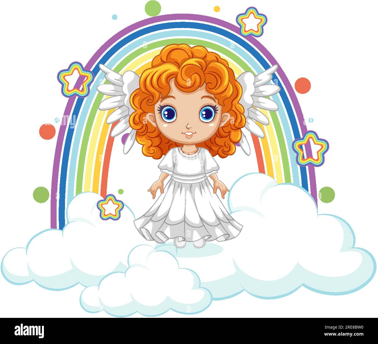 An angel is depicted flying over a cloud and rainbow background in a ...