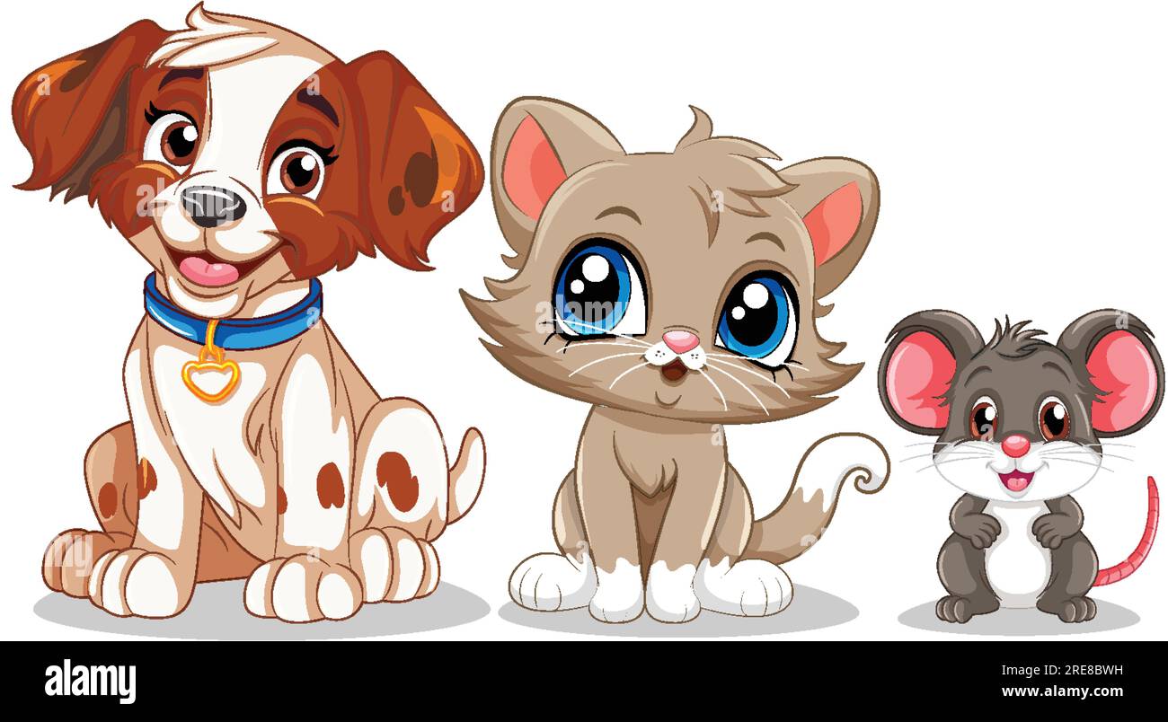 Playful Animal Friends with Cute Cartoon Dog, Cat and Mouse ...