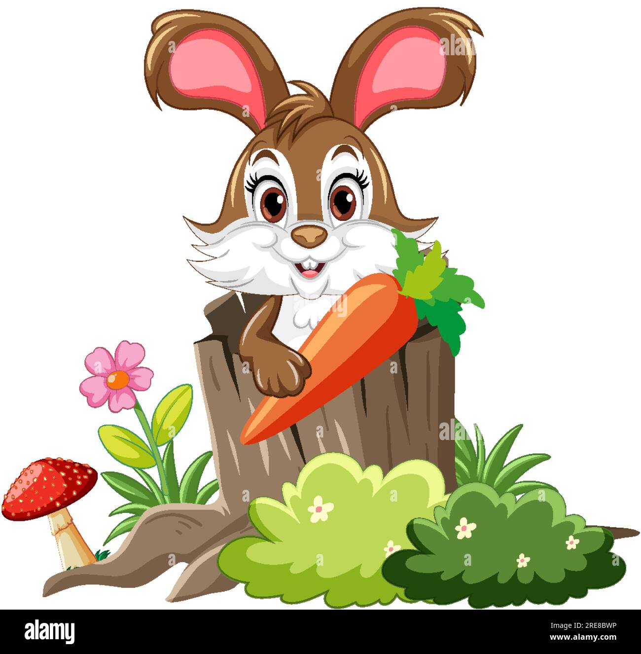 A cartoon illustration of a rabbit in a tree hole, holding a carrot ...