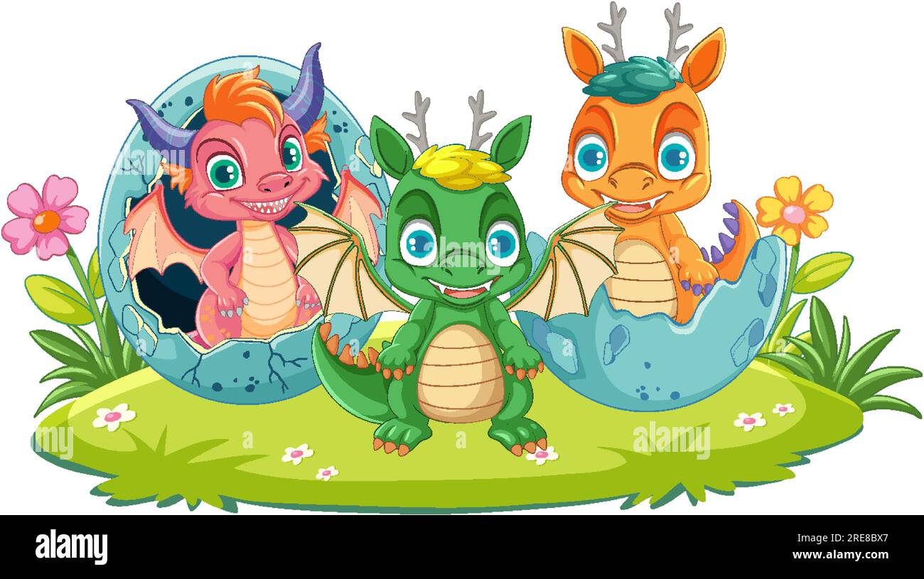 A baby dragon playing in an egg surrounded by nature in a vector ...