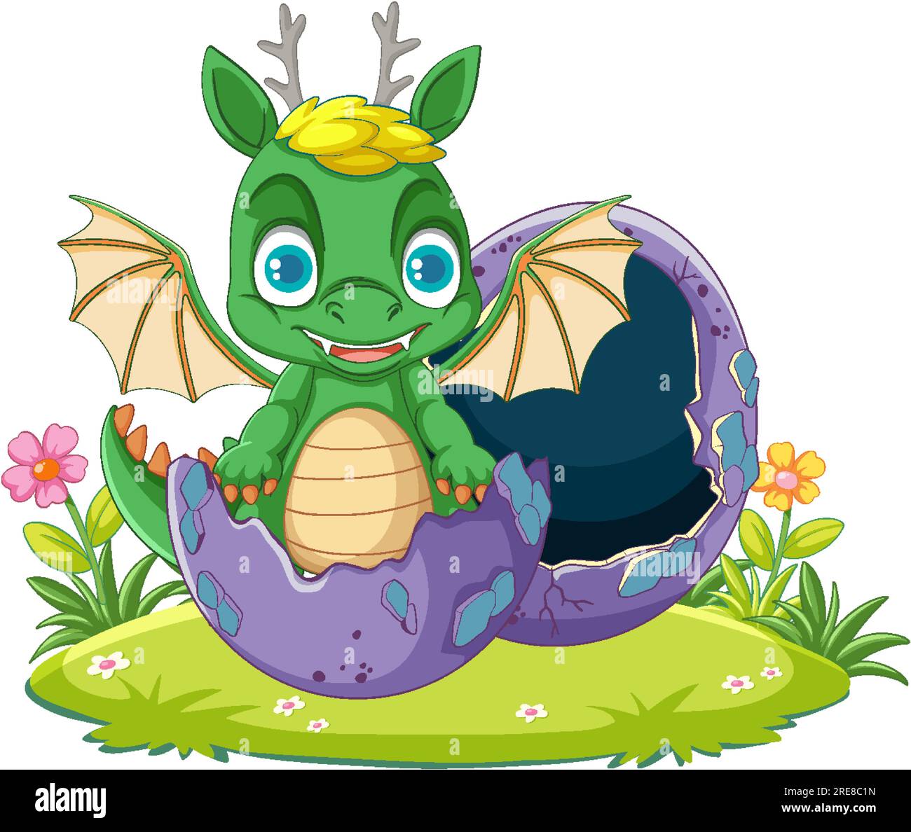 A cartoon illustration of a baby dragon hatching eggs in a natural ...