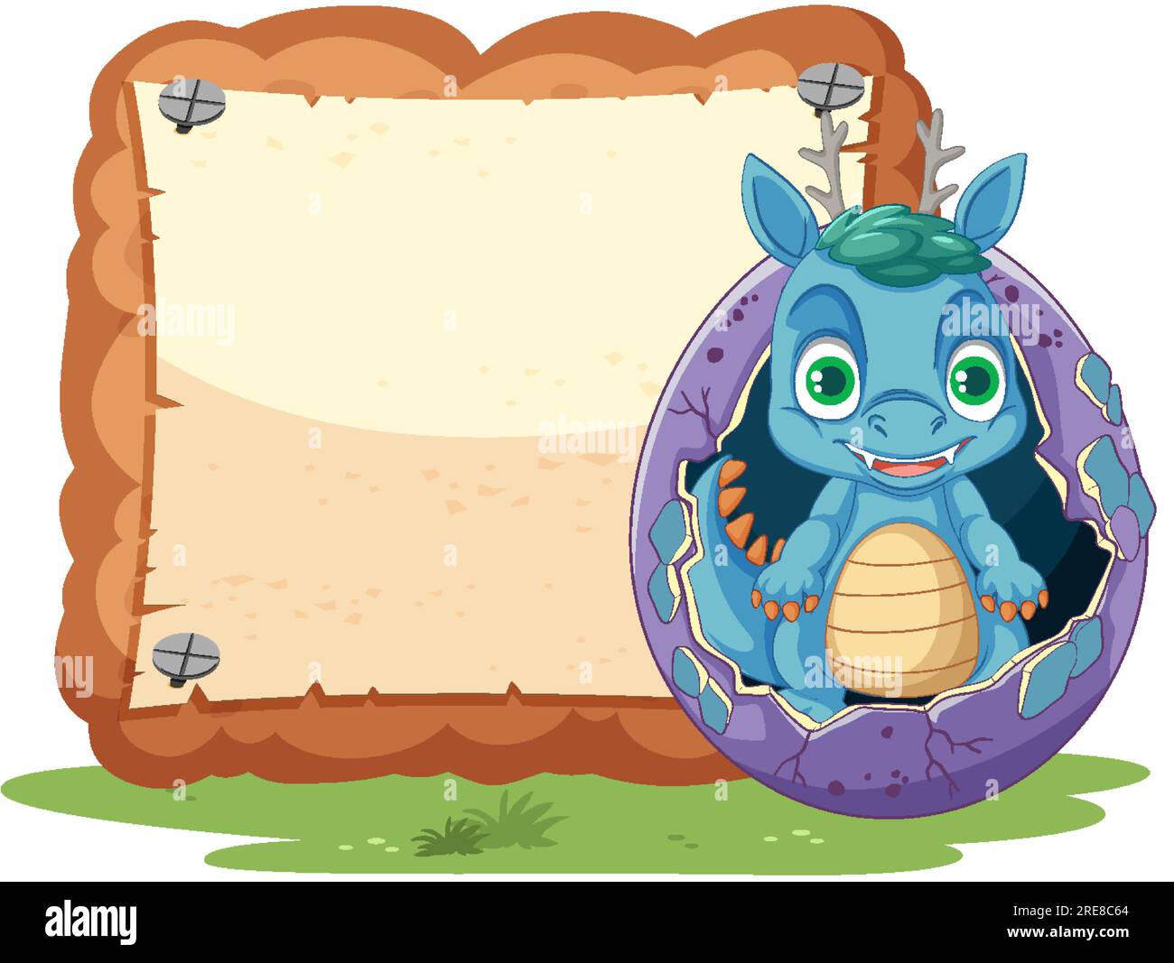 A cartoon illustration of a baby dragon hatching eggs in a natural ...