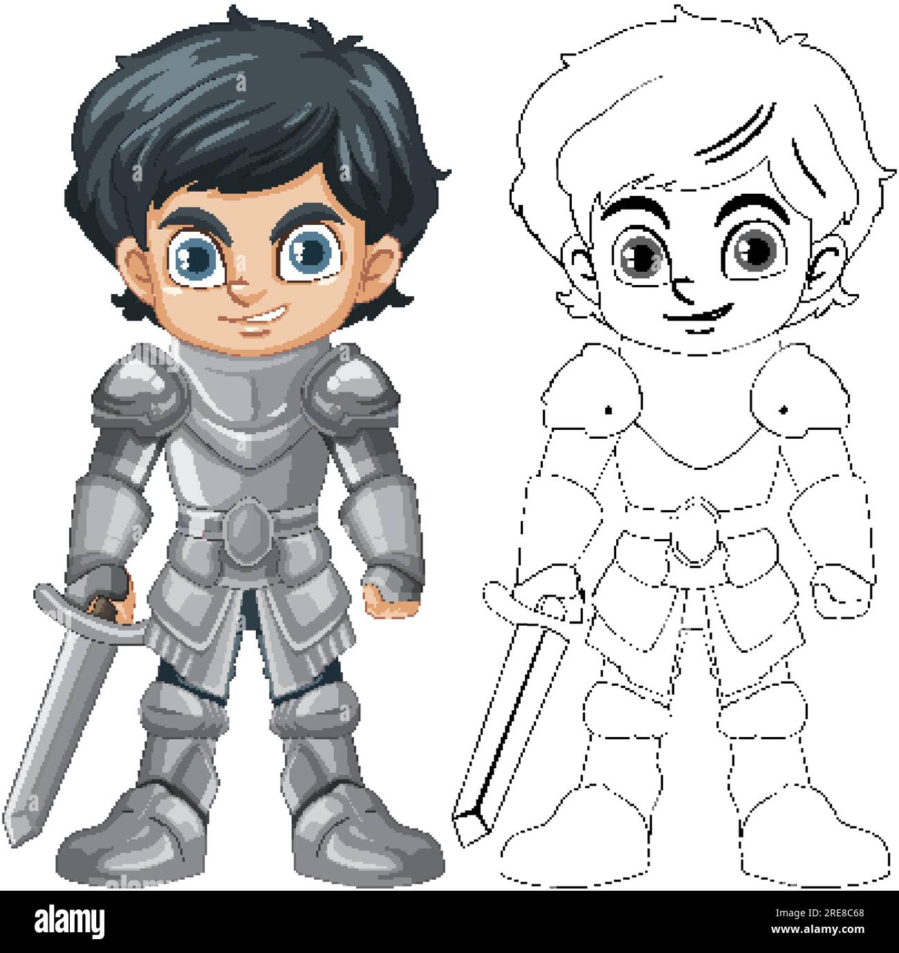 Cartoon knight boy cartoon character with doodle outline for colouring ...