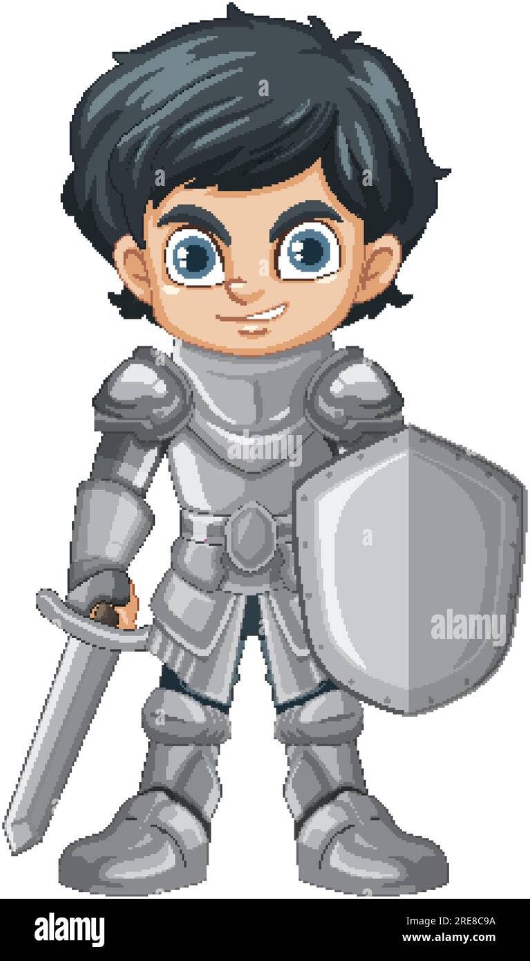 Cartoon knight boy holding sword and shield illustration Stock Vector ...