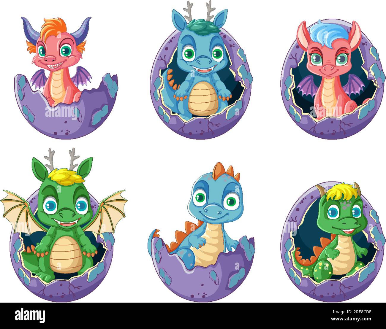 A vector cartoon illustration of a group of baby dragons hatching from ...