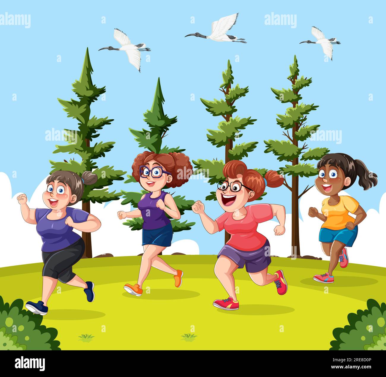 A vector cartoon illustration of a group of multicultural women jogging ...