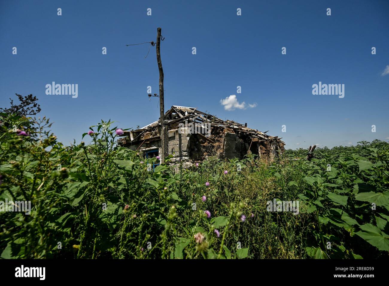 NOVODARIVKA, UKRAINE - JULY 21, 2023 - A house destroyed by the ...